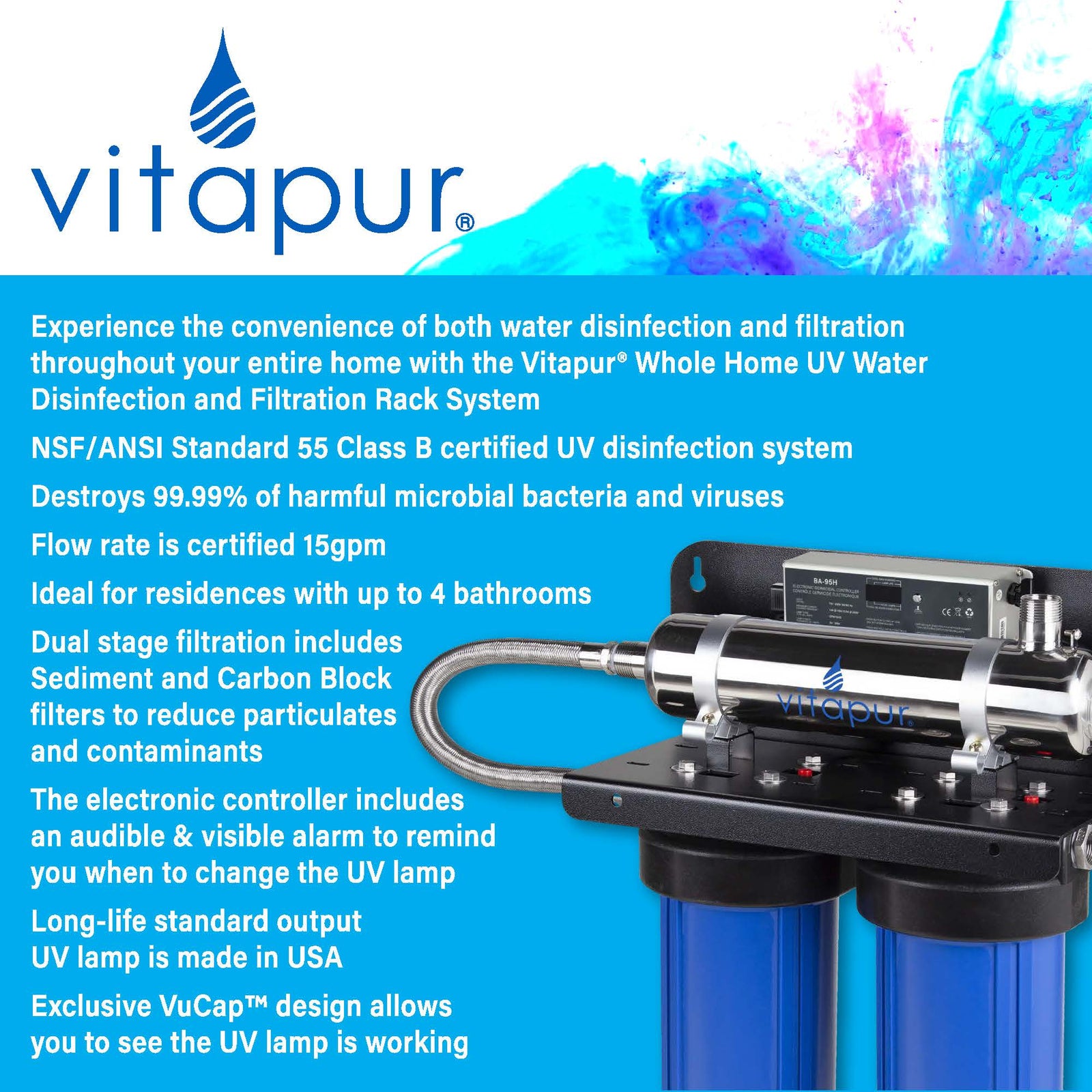 Vitapur 15 gpm Whole Home UV Rack Water Disinfection & Filtration Syst